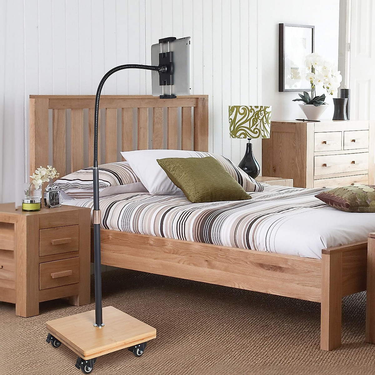 Crocqett Ipad Stand Floor with Wheels,Adjustable Height Tablet Floor Stand for Bed,Gooseneck Tablet Holder with Bamboo Base,Compatible with Kindle,Ipad pro Mini 12.9/6,Phones (4.7''-13'')