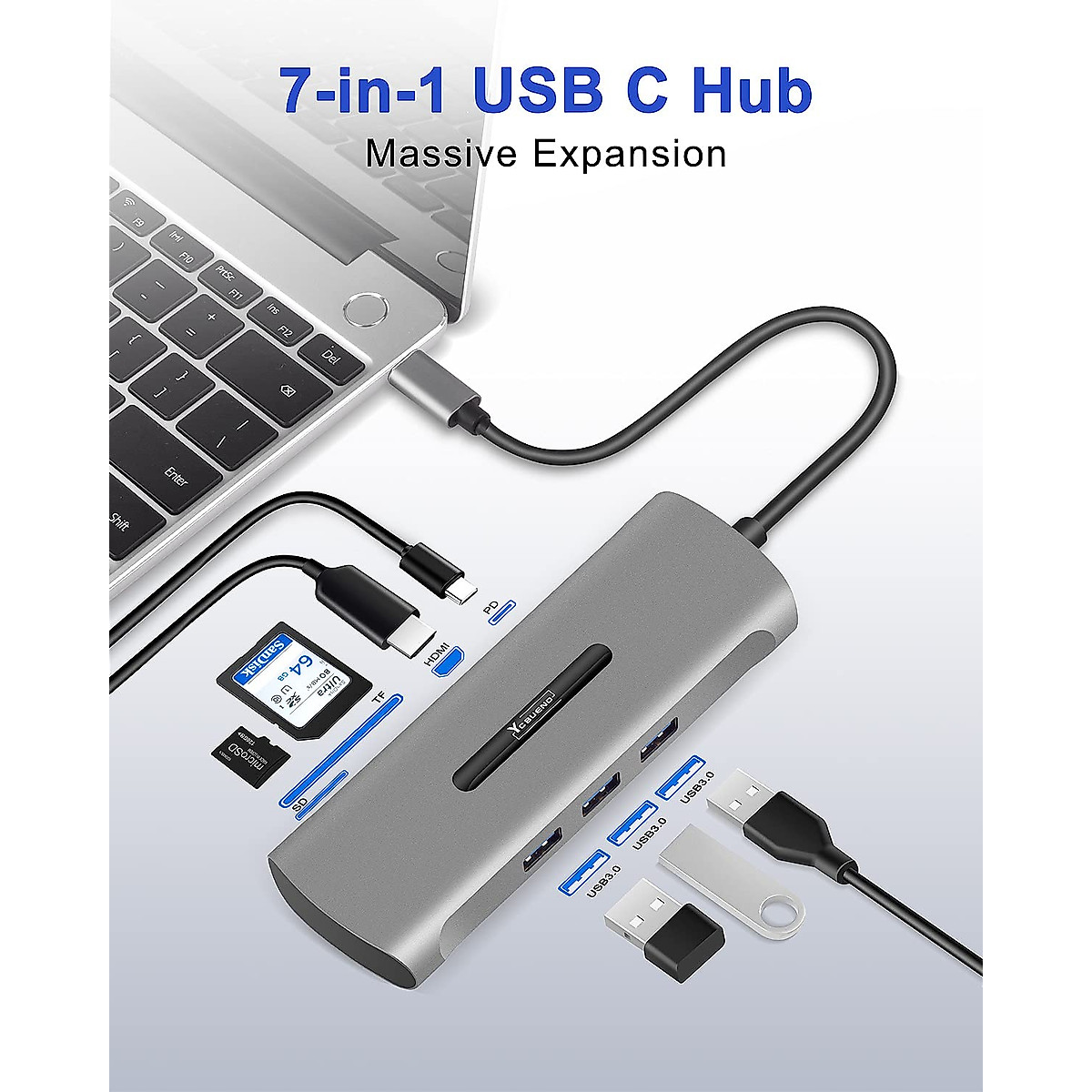 USB C Hub Adapter for MacBook Air, MacBook USB Adapter - 7-in-1 Multiport 4K HDMI Docking Station, Dongle for MacBook Pro/Air Mac Dock TF/SD Card Readers, Thunderbolt 3, PD 100W, USB 3.0