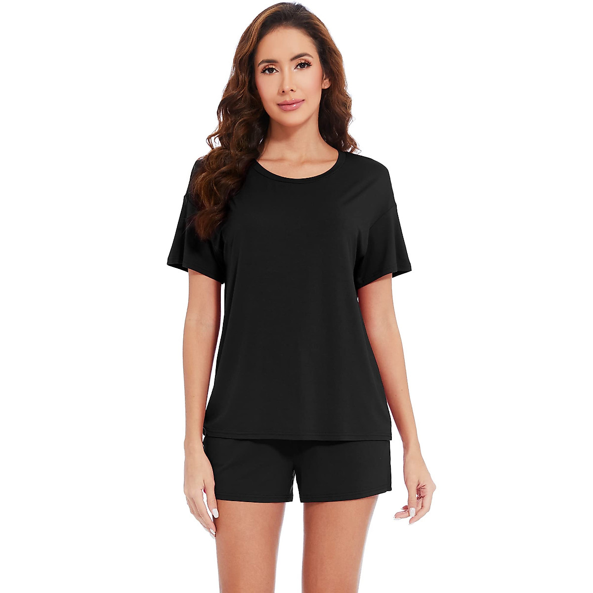 WiWi Pajamas for Women Soft Short Sleeve Sleepwear Cooling Pajama Set Shorts Pjs Loose Comfy Lounge Sets S-XXL, Black, X-Large