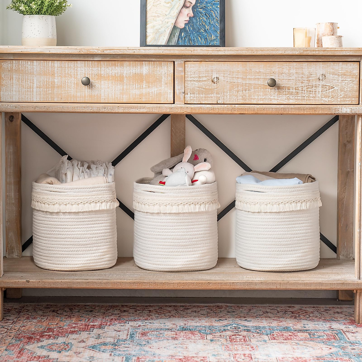 Mkono Macrame Decorative Cotton Rope Basket Boho Nursery Decor Small Cute Woven Tassel Closet Storage Bins Organizer for Baby Toys,Magazines, Potted Plants Cover,Living Room,Bedroom, 11"x11"