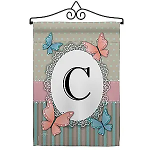 Breeze Decor C Initial Garden Flag Set Wall Hanger Monogram Friends Bugs & Frogs Butterfly Ladybugs Dragonfly Bee Springtime Insect Natural Wildlife House Yard Gift Double-Sided, Made in USA