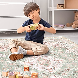 Vhong Washable Area Rugs Boho Vintage Modern Neutral Small Carpet Green and Pink High Traffic Rugs 3×5 for Dinning Room Living Room Bedroom Farmhouse Non Slip