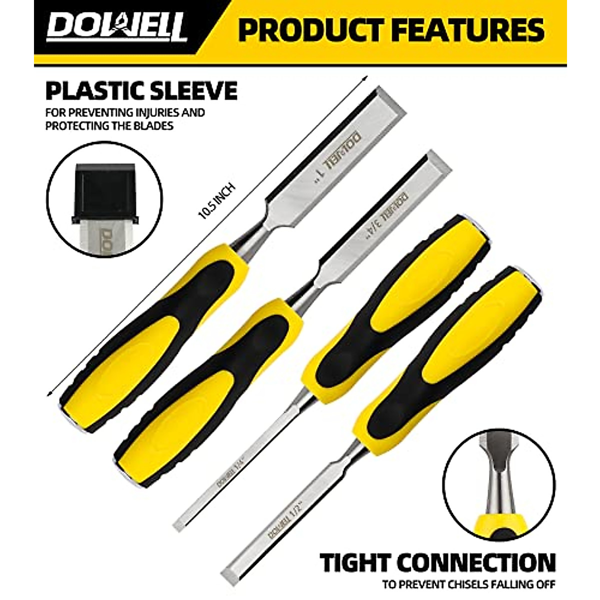 DOWELL Wood Chisel Tool Set 4pc Sturdy Chisel, 1/4 inch,1/2 inch,3/4 inch,1 inch with Carpenter Pencils HY080103