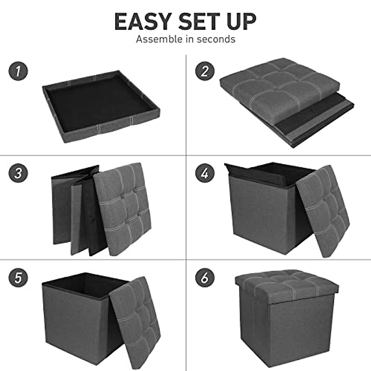 Mrcrypos Storage Ottoman Cube 15 Inch Dark Gray Storage Ottoman Linen Fabric Folding Small Ottoman Footrest Seat Suitable for Living Room Bedroom 15"x15"x15"