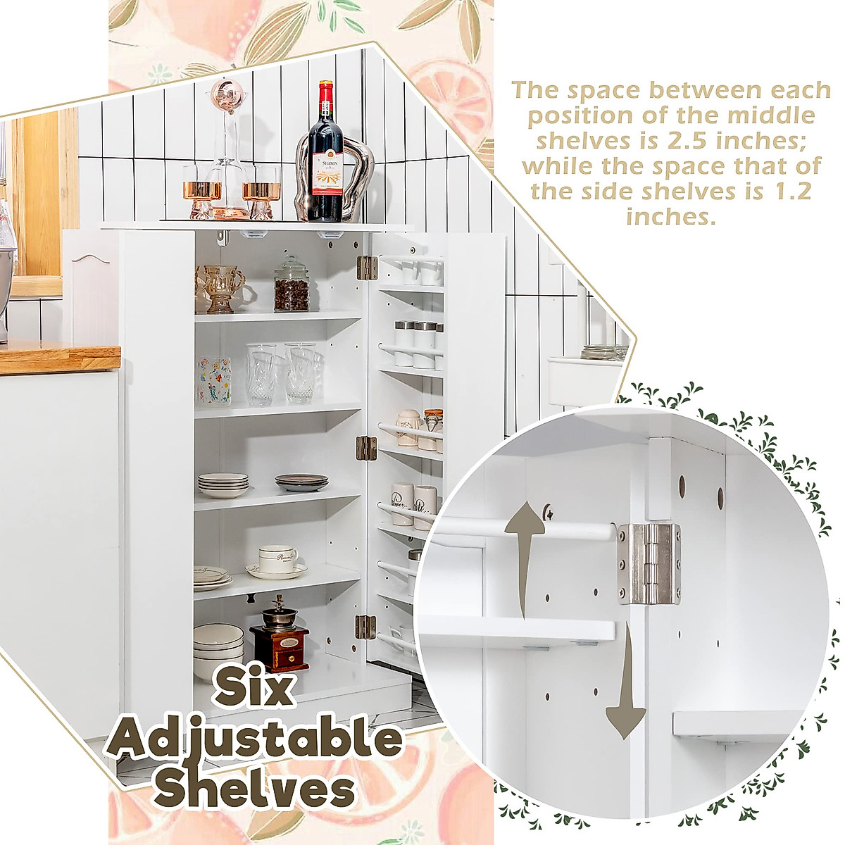 LOKO White Pantry Cabinet, Multifunctional Floor Storage Cabinet with Adjustable Shelves and Anti-toppling Device, Compact Kitchen Cupboard with Double Doors, 23 x 12 x 41 inches