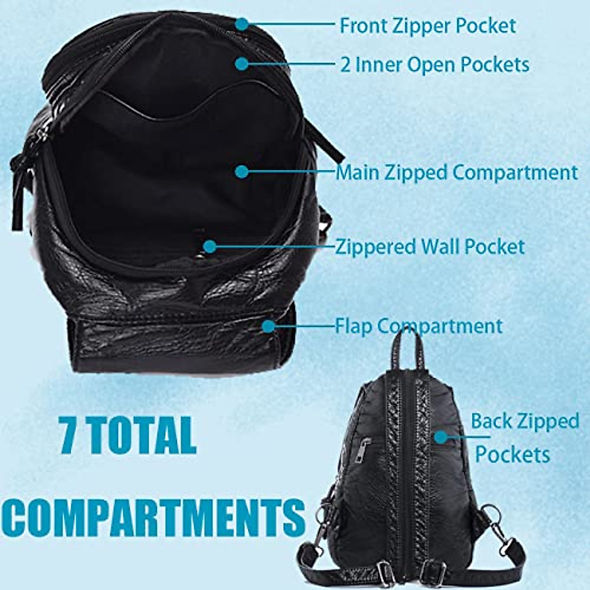 HUAZHIMAO Mini Backpack Purse for Women, Small Convertible Backpacks Ladies Soft Washed PU Leather Rucksack Fashion Daypack Purses Black Sling Travel Shoulder Handbag Bag