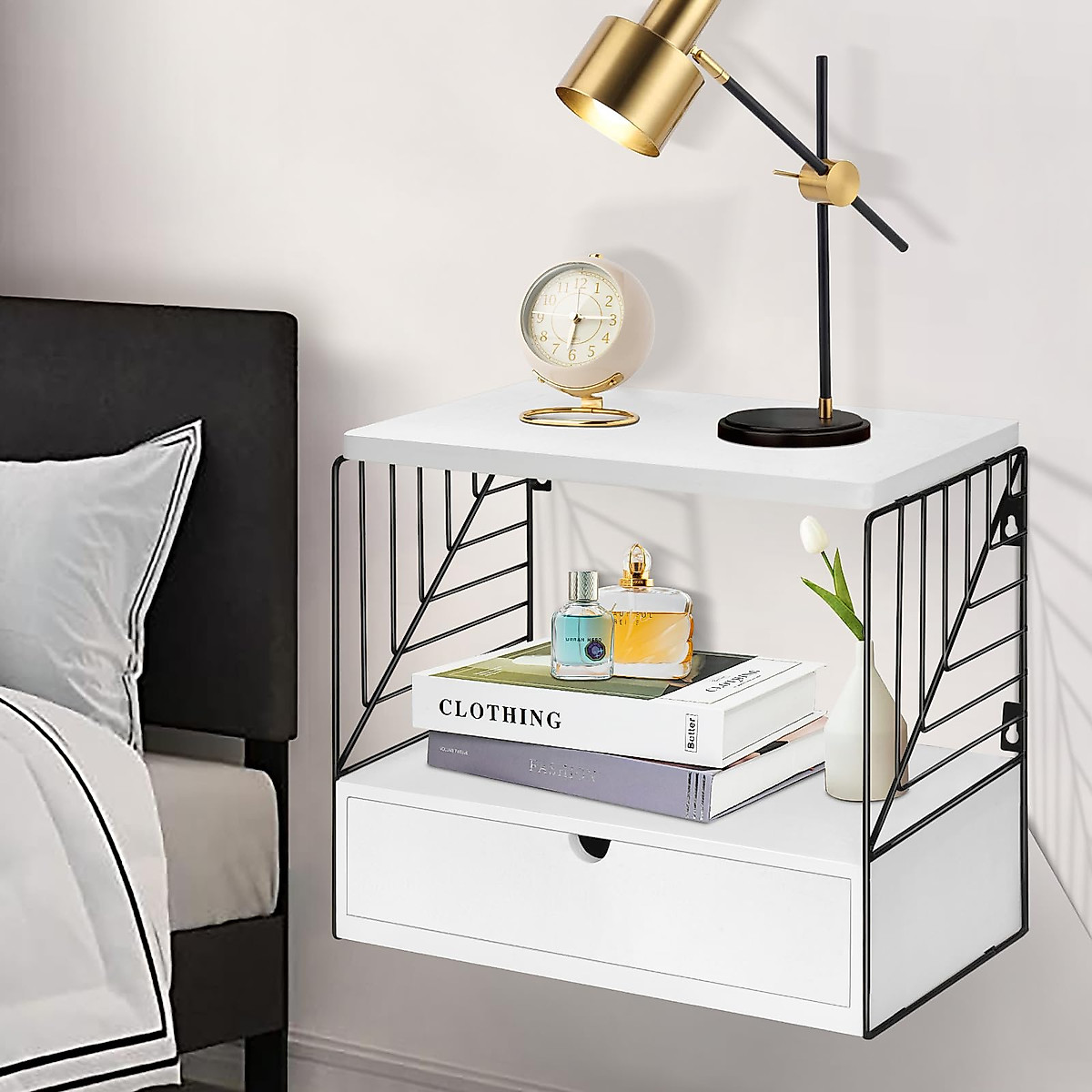 Floating Nightstand, Wood Bedside Shelf Wall Mounted with Drawer, Modern Style Bedside Table, Floating End Table, 2 Tier Floating Shelves for Bedroom, Living Room, Bathroom, Office