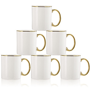Fasmov 6 Pack Coffee Mugs, 11oz Ceramic Mug set Ceramic Cups for Coffee, latte, Cappuccino, Tea, Cocoa, Cereal, Hot Chocolate, Dishwasher Safe, White/Gold