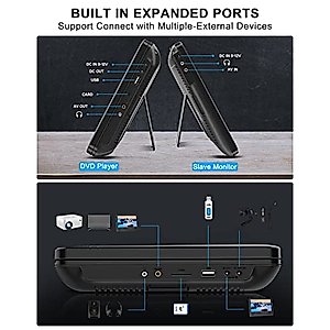 WONNIE 10.5'' Car Dual DVD Player, Headrest Video Players Portable with 5 Hours Rechargeable Battery,Two Mounting Brackets,Support USB/SD/Sync TV,Last Memory,AV Out &in ( 1 Player+1 Monitor )