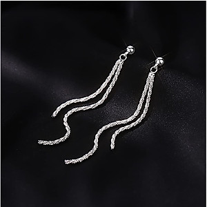 Reffeer Solid 925 Sterling Silver Tassel Chain Dangle Earrings for Women Long Dangle Earrings Drops Minimalist (A-Silver)
