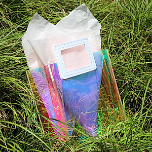 KeerxunBag 1 Pack Holographic Gift Bags with Handles & 2 Tissue Paper Sheets – Iridescent Transparent Reusable Bags for Women, Girls, Birthdays, Weddings，Pink Gift Bag