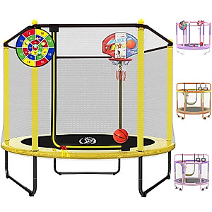 LANGXUN 60" Trampoline for Kids, 5ft Mini Toddler Indoor & Outdoor Trampoline with Net, Basketball Hoop & Dart Board, Birthday Gifts for Boys & Girls, Baby Toddler Christmas Toys, Age 1-8 Years