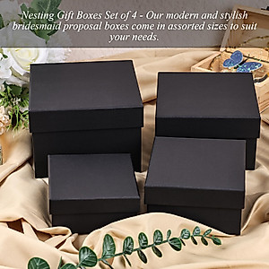 Shindel 4PCS Black Gift Boxes, Nesting Gift Boxes with Lids, Stackable Gift Boxes Square Gift Boxes, 4 Assorted Gift Boxes Different Sizes With Ribbon For Birthday Christmas Halloween