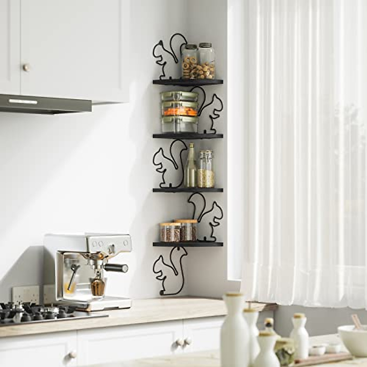 Alsonerbay Black Corner Shelf 4 Tier Shelves for Wall Storage, Easy-to-Assemble Floating Wall Mount Shelves for Bedrooms and Living Rooms (Squirrel Shaped)