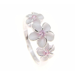 Arthur's Jewelry Sterling silver 925 3 Hawaiian plumeria flower ring pink cz size 10