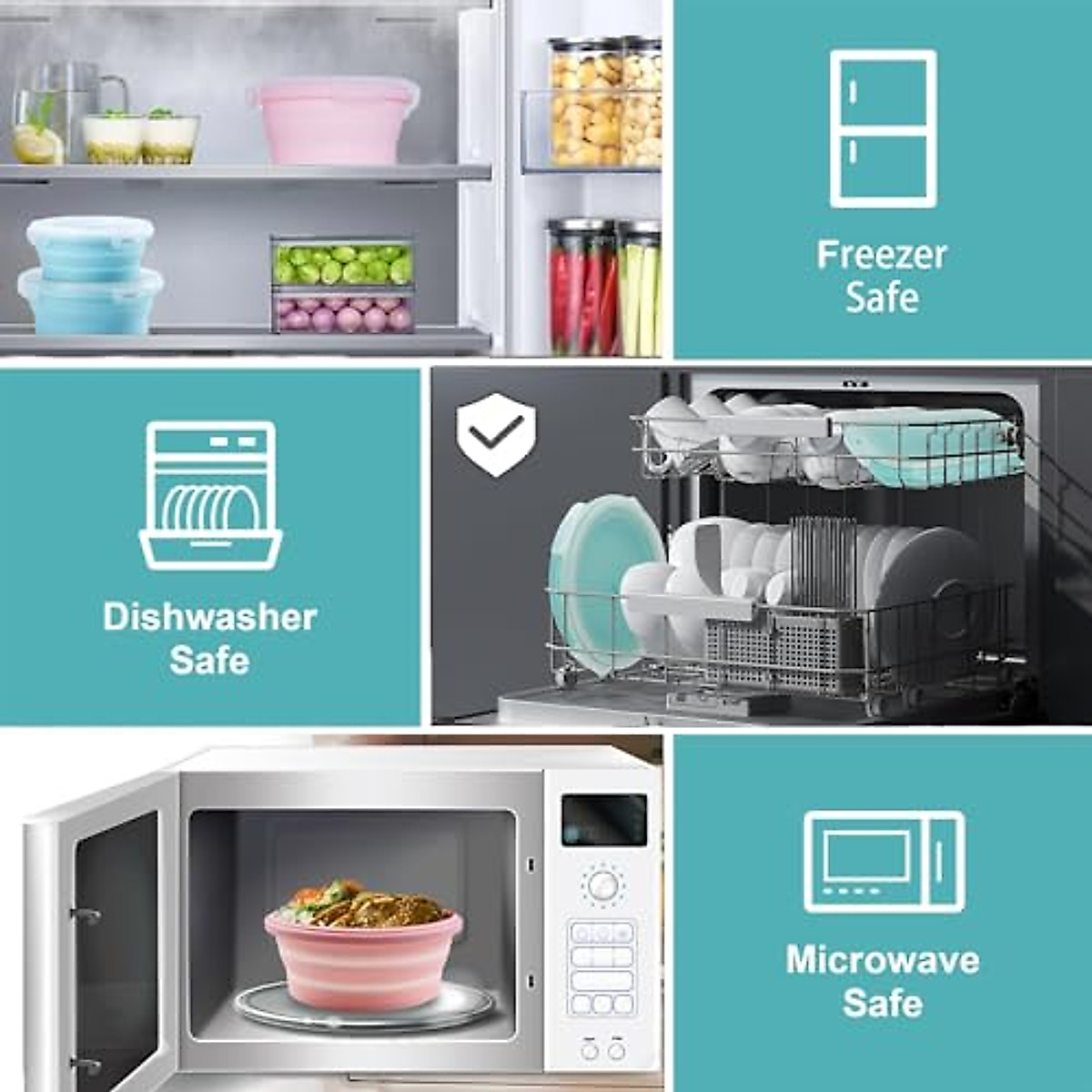 LYASILGC Set of 8 Collapsible Silicone Food Storage Containers, Collapsible Bowls with Airtight Lids, Flat Stacks, Meal Prep, Lunch Box Container, RV Organization And Storage