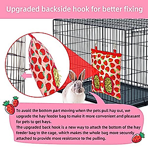 Terossy Rabbit Hay Feeder for Cage, Upgraded Hanging Guinea Pig Hay Feeder Bag for Rabbits Bunny Chinchilla Hamster with 3 Hooks, Mess Free Small Animals Grass Holder, 9.8x11.4Inch, 2 Reinforced Holes