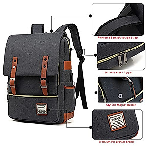 UGRACE Vintage Laptop Backpack with USB Charging Port, Elegant Water Resistant Travelling Backpack Casual Daypacks College Shoulder Bag for Men Women, Fits up to 15.6Inch Laptop in Black
