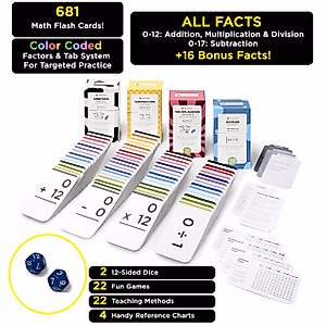 Think Tank Scholar 681 Math Flash Cards & Math Dice (Award Winning) Addition, Subtraction, Multiplication & Division - All Facts & Games - Kids Ages 4+ Kindergarten, 1ST, 2ND, 3RD, 4TH, 5TH, 6TH Grade