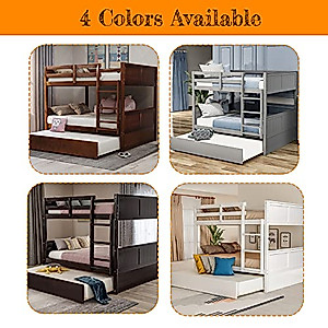 AOCOROE Full Over Full Bunk Beds with Trundle, 3 Beds Full Bunk Bed for Kids,Sturdy Wood Stackable Full Over Bunk Bed Frame for Kids Room,White