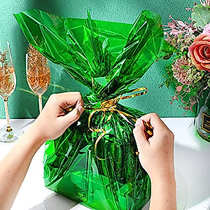 39 x 138 Inch Cellophane Wrap Paper, 2.3 Mil Thick Cellophane Paper with 6 Rolls Colorful Wrap Ribbon for Christmas Holiday DIY Present Wrapping or Basket Filling (Green)