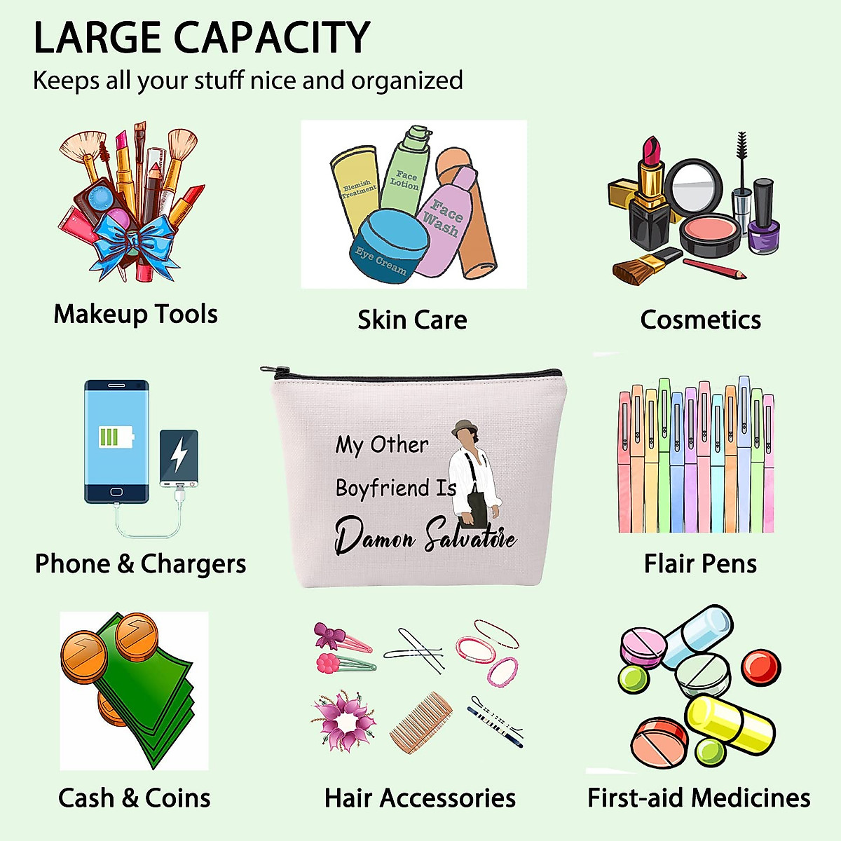 Vampire Fandom Cosmetic Bag My Other Boyfriend is Damon Salvatore Makeup Bag Vampire Fans Gift Vampire Themed Gift (damon)