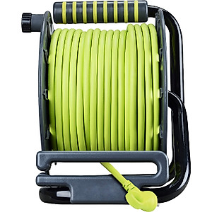 Masterplug 60ft Cord Reel, Extension Lead with Winding Handle, Safety Overload Circuit Breaker and Power Switch, Four Outlets, 14AWG