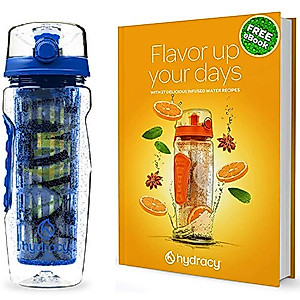 Hydracy Fruit Infuser Water Bottle - 32 oz Sports Bottle - Time Marker & Full Length Infusion Rod + 27 Fruit Infused Water Recipes eBook Gift - Azure Blue