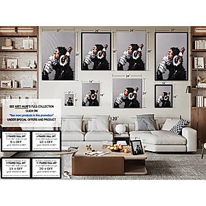 Modern Pop Art Decor - Framed - Thinking Monkey With Headphones Canvas Print Home Decor Wall Art, Gallery Wrap Inner Frame, 24x24