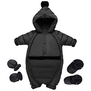 Y·J Back home Baby Black Snowsuit Down Filled Waterproof Snow Suit Fleece Linning Jacket Bunting Pram Winter Coat With Shoes And Gloves 12 18 Months