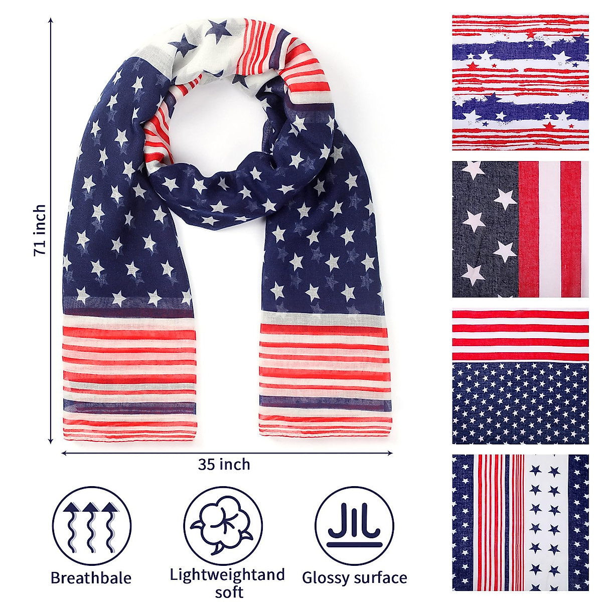 Clysee 4 Pcs Independence Day American Flag Scarf Patriotic Scarf for Women Blue Red White USA Flag Wrap Soft 4th of July Shawl for Gifts