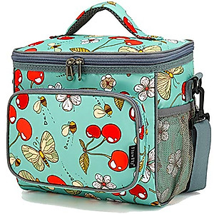 FlowFly Insulated Reusable Lunch Bag Adult Large Lunch Box for Women and Men with Adjustable Shoulder Strap,Front Zipper Pocket and Dual Large Mesh Side Pockets,Cherry