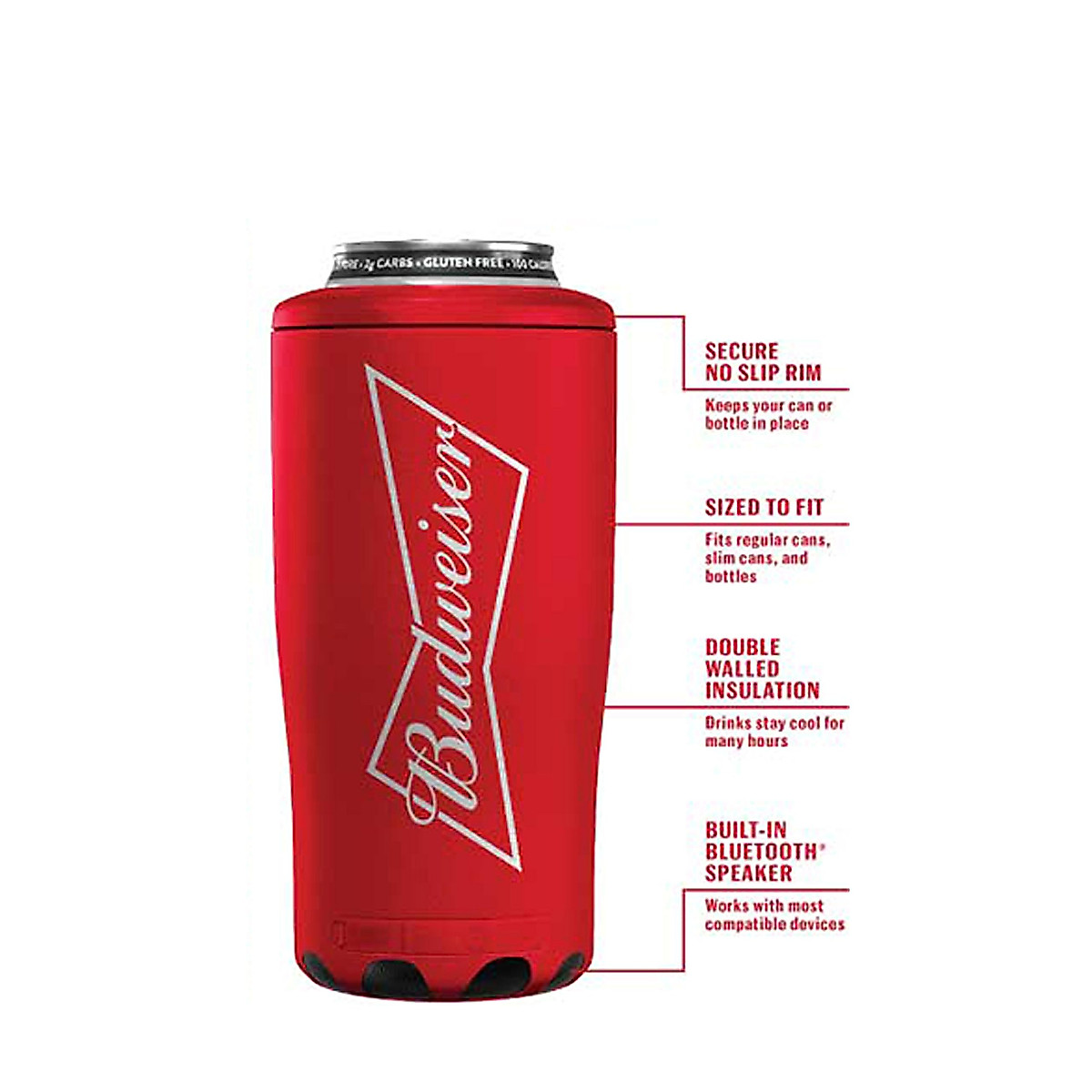 Budweiser Can/Bottle Cooler Built-in Bluetooth Speaker - Double Insulated Beverage Holder, Portable Cooler, Bluetooth 5.0 Technology, 100% Leak Proof,12 or 16 oz Cans, Regular or Slim Cans