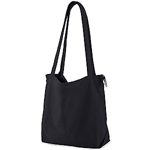 Women Corduroy Tote Bag Zipper Canvas Shoulder Handbags Girl School Large Purse With Pocket Black