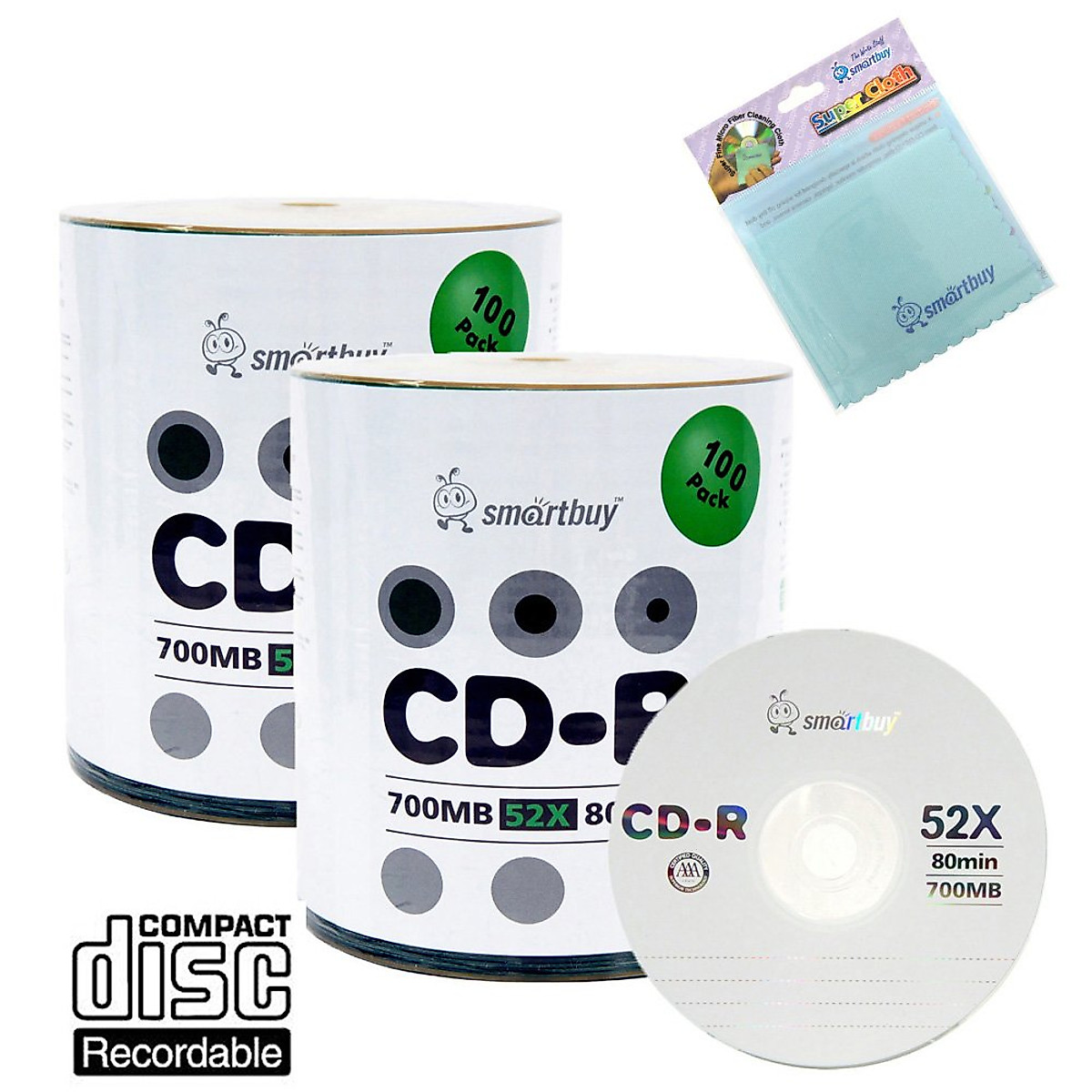 Smartbuy 200-disc 700mb/80min 52x CD-R Logo Top Blank Recordable Disc + Free Micro Fiber Cloth