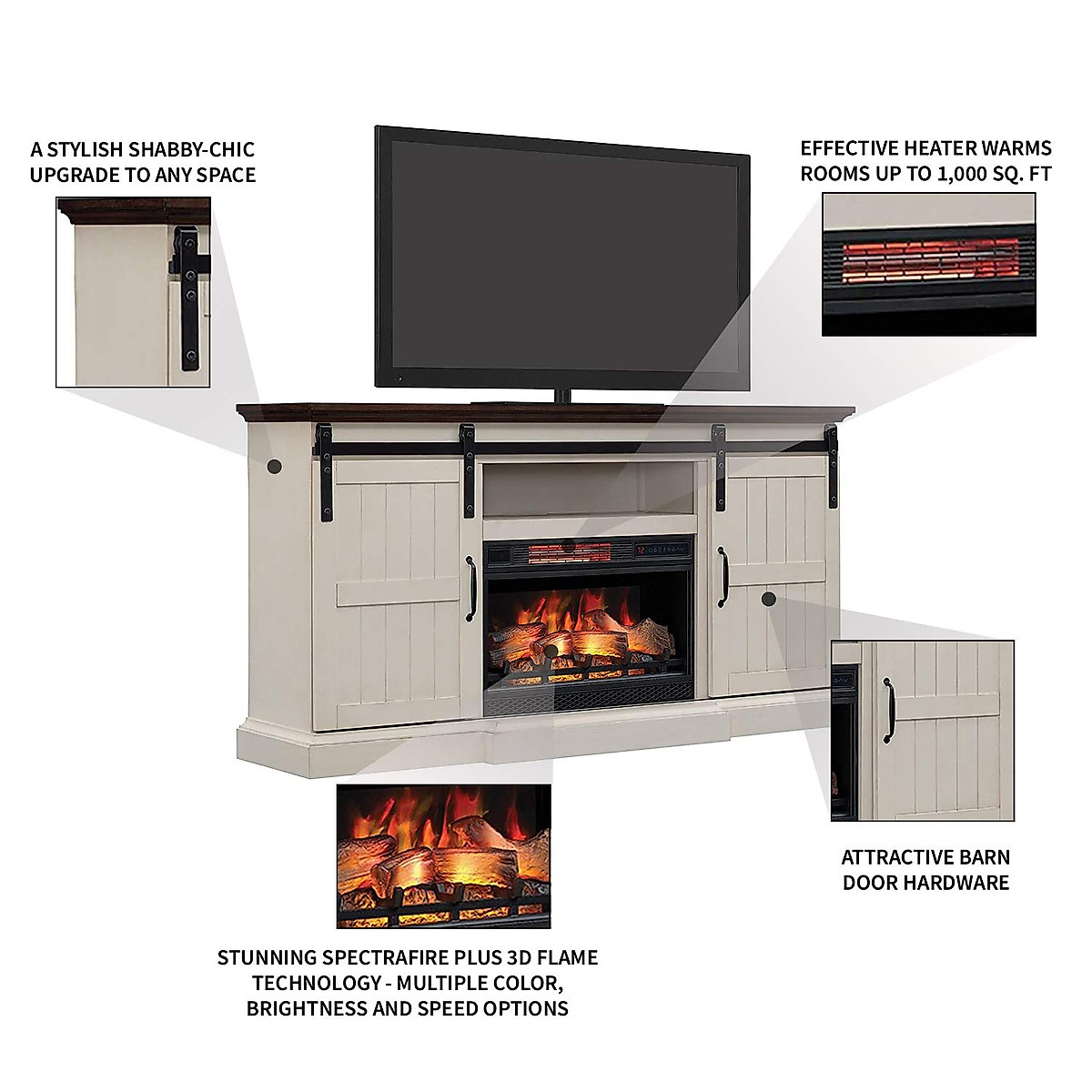 ClassicFlame Hogan 66" Farmhouse Fireplace TV Stand & 26" Electric Infrared Firebox with Log Set - Weathered White, 26MM90273-W476 & 26II042FGL