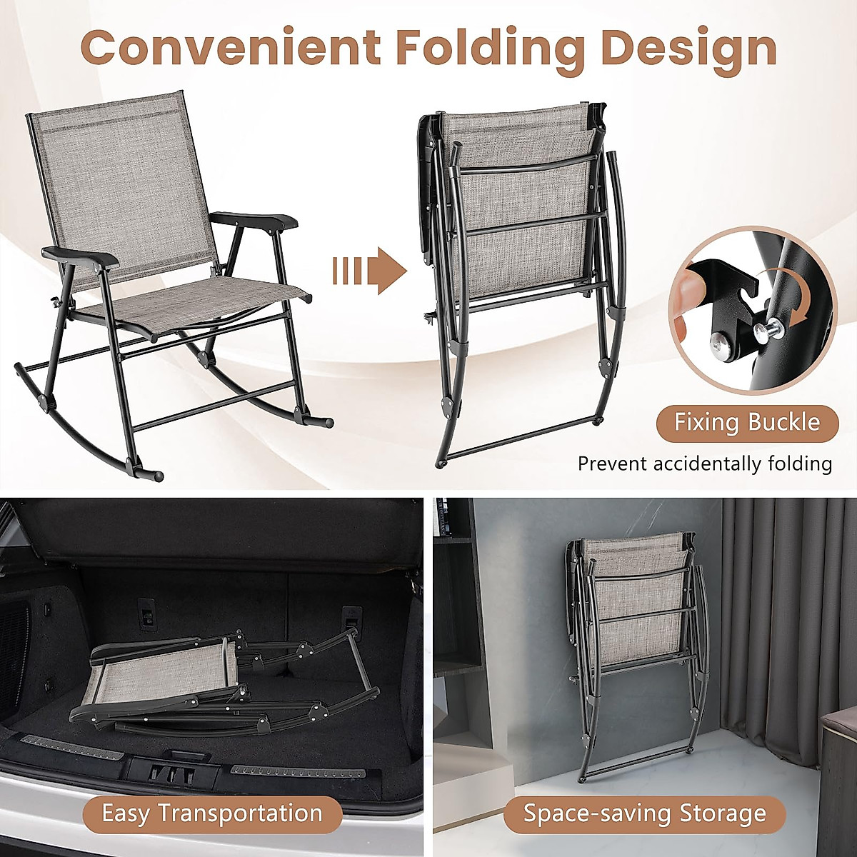 Tangkula Folding Rocking Chair Set of 2, Patio Rockers with Breathable Seat Fabric & Sturdy Metal Frame, Smooth Rocking Motion, Heavy-Duty Outdoor Rocker for Backyard, Front Porch, Poolside