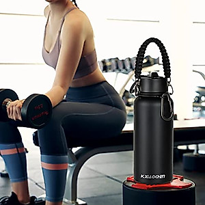32 oz Insulated Water Bottle with Paracord Handles & Strap, 2 Lids(Straw Lid&Spout Lid), Stainless Steel Reusable Wide Mouth Metal Water Bottle With Straw, Double Walled, Thermo Mug(Black)