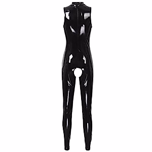 easyforever Women Sexy Hollow Out Bodysuit Lingerie Clubwear Patent Leather Invisible Zipper Latex Catsuit Black Small