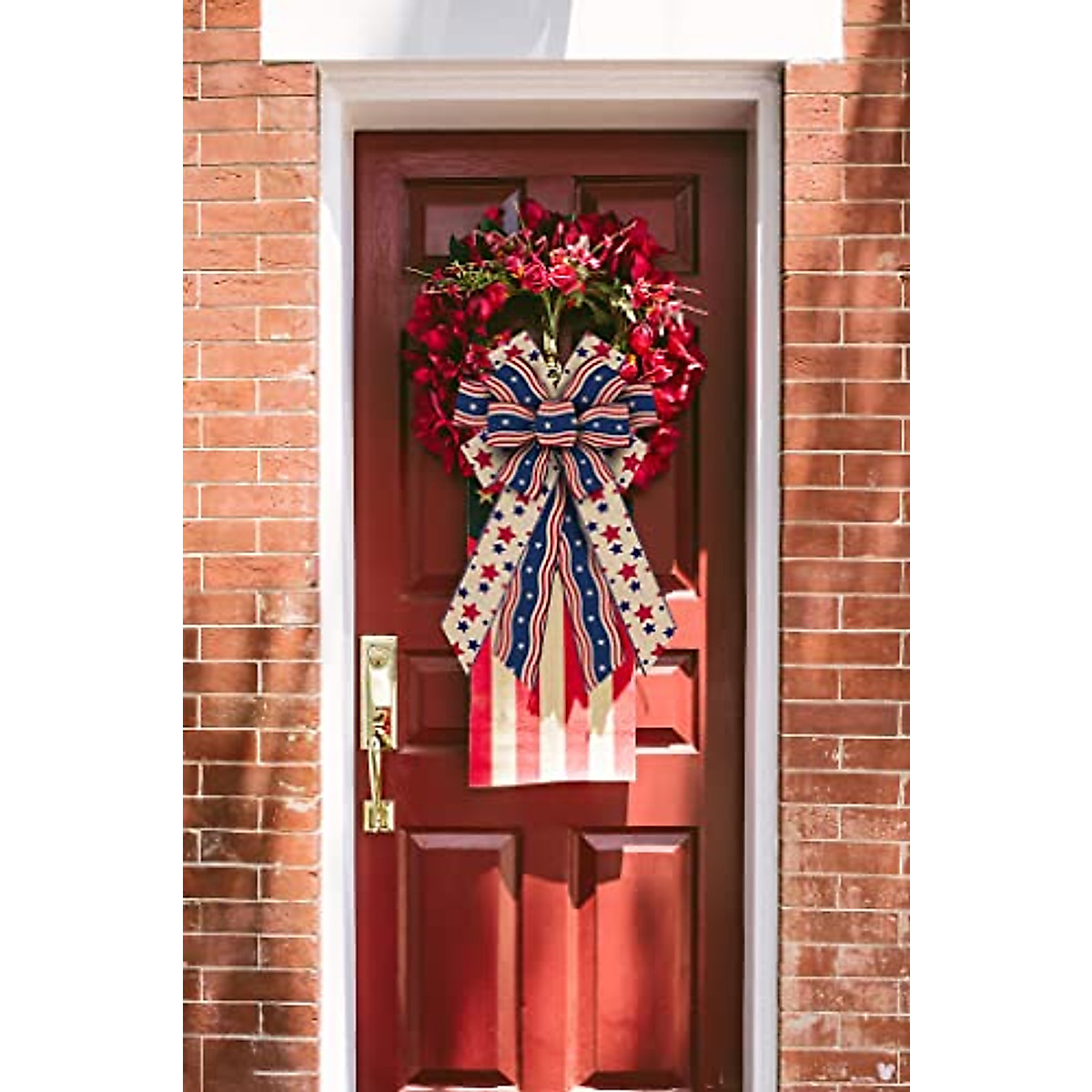 Patriotic Fabric Ribbons, Veteran's Day Decor Ribbon Patriotic Spots Stars Edge Wired Burlap Ribbon for Veterans Day Gift Wrapping Party Decoration Crafts Supplies, 2.5 Inch*10 Yards*1 Roll