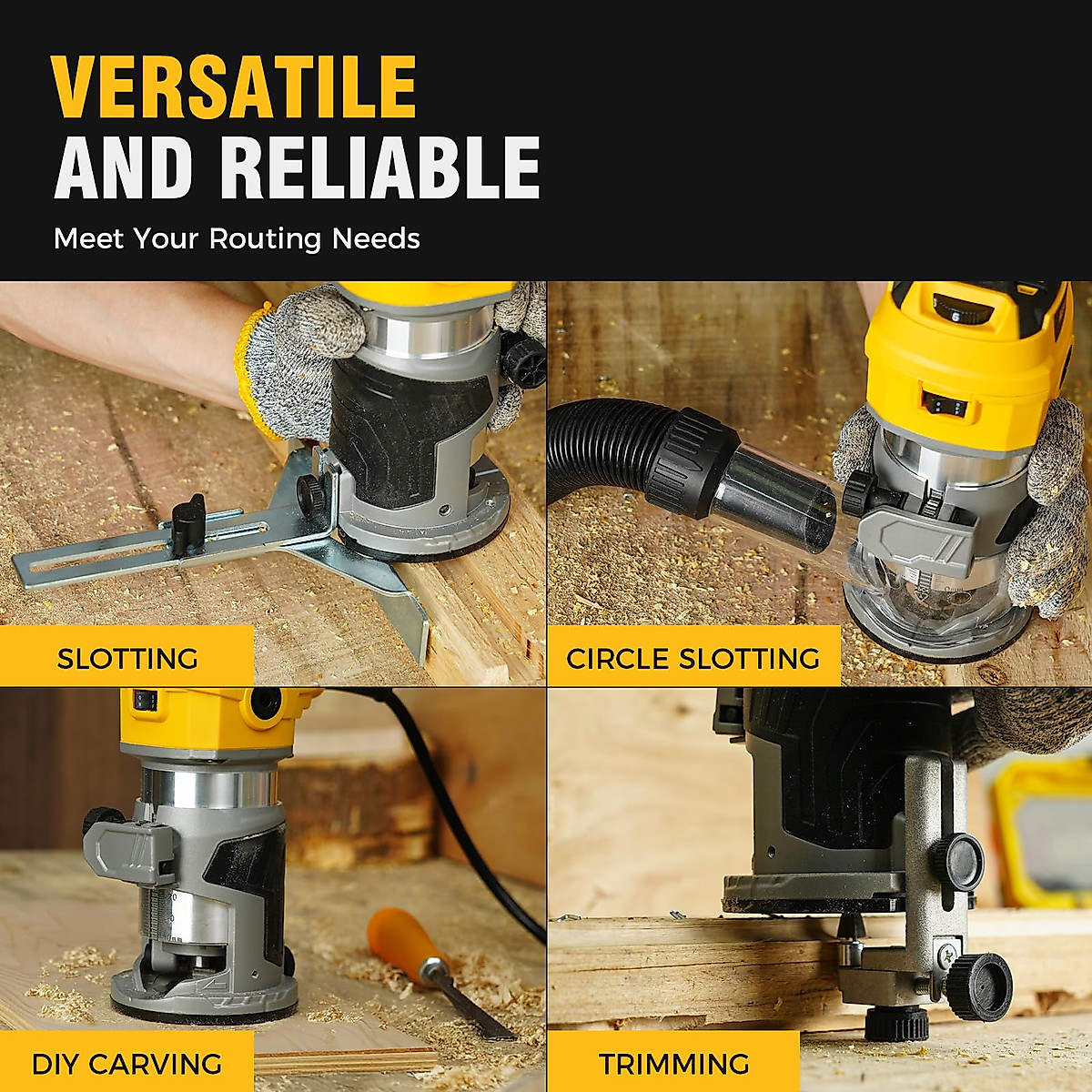 Alloyman Router Tool, 8.5Amp Wood Router, Max 30000 RPM Handheld Palm Router, 6 Variable Speed, 12Pcs Wood Compact Router Bits, 950W Wood Trim Routers Kit for Woodworking Trimming