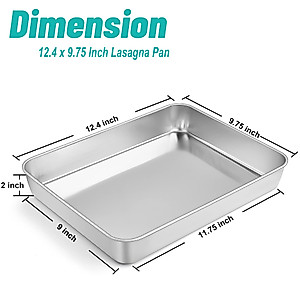 TeamFar Lasagna Pan, 12⅖’’ x 9¾’’ x 2’’, Stainless Steel Rectangular Cake Brownie Casserole Pan For Roasting Baking, Healthy & Heavy Duty, Brushed Surface & Deep Side, Dishwasher Safe
