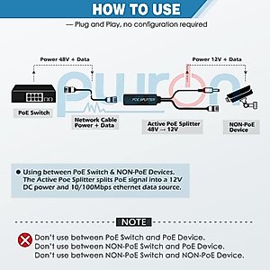 PwrON Active POE Splitter Adapter, 48V to 12V, IEEE 802.3af Compliant, 10/100Mbps up to 100 Meters for Surveillance Camera, Wireless Access Point and VoIP Phone