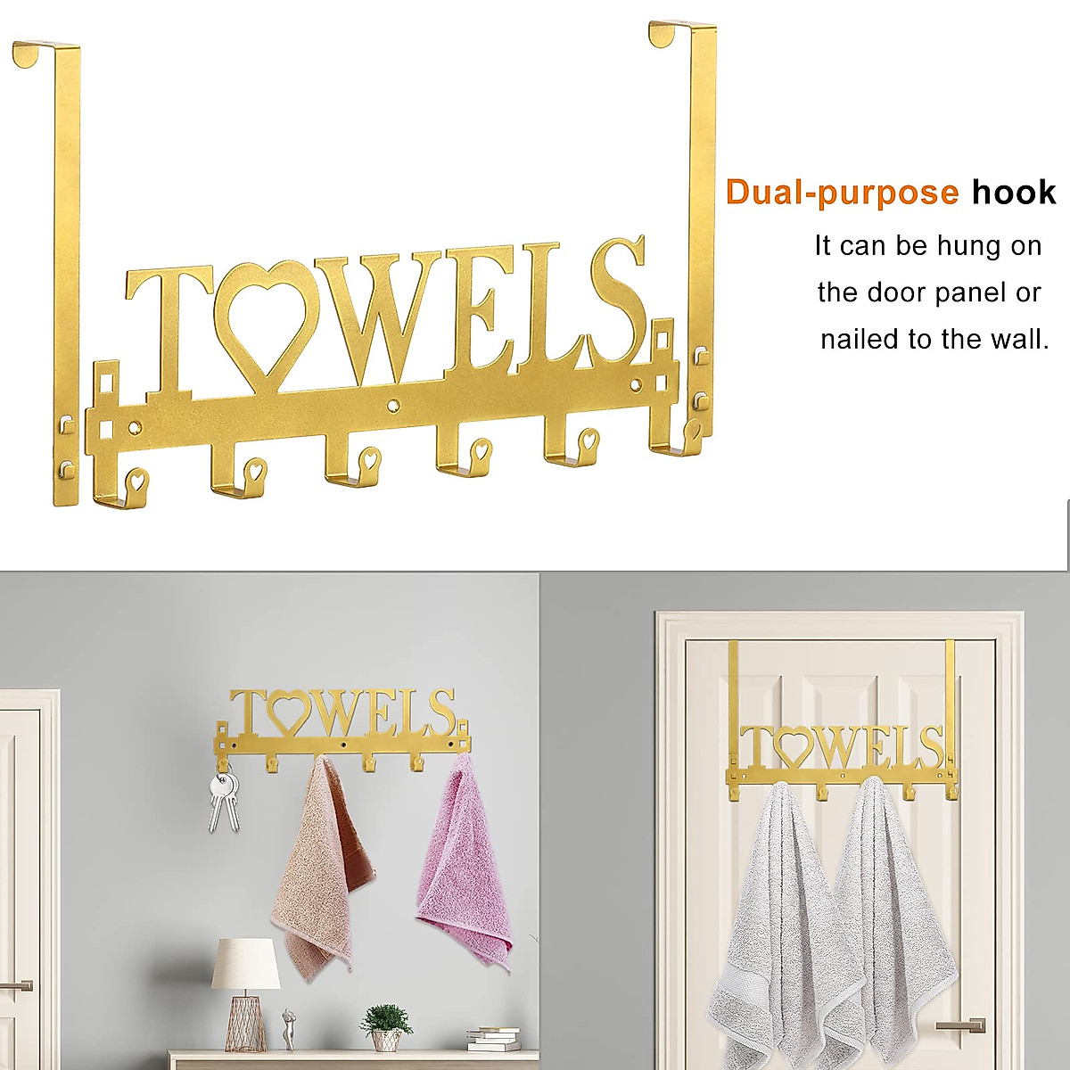 WeeksEight Over The Door Towel Rack, Metal Bath Towel Holder Hanger for Bathroom Bedroom Door Hanging Towels Bathrobe Robe, Towel Hooks for Bathrooms (6 Hooks Gold)