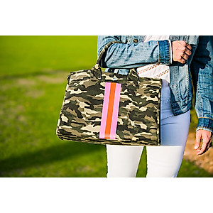 Milly Kate Camouflage Tote Handbag with Stripes, Stylish, Trendy, Preppy, Fashionable, Upscale Bag, Detachable Strap, Inside Pockets, Designer Purse Exclusive to, 10” x 15”