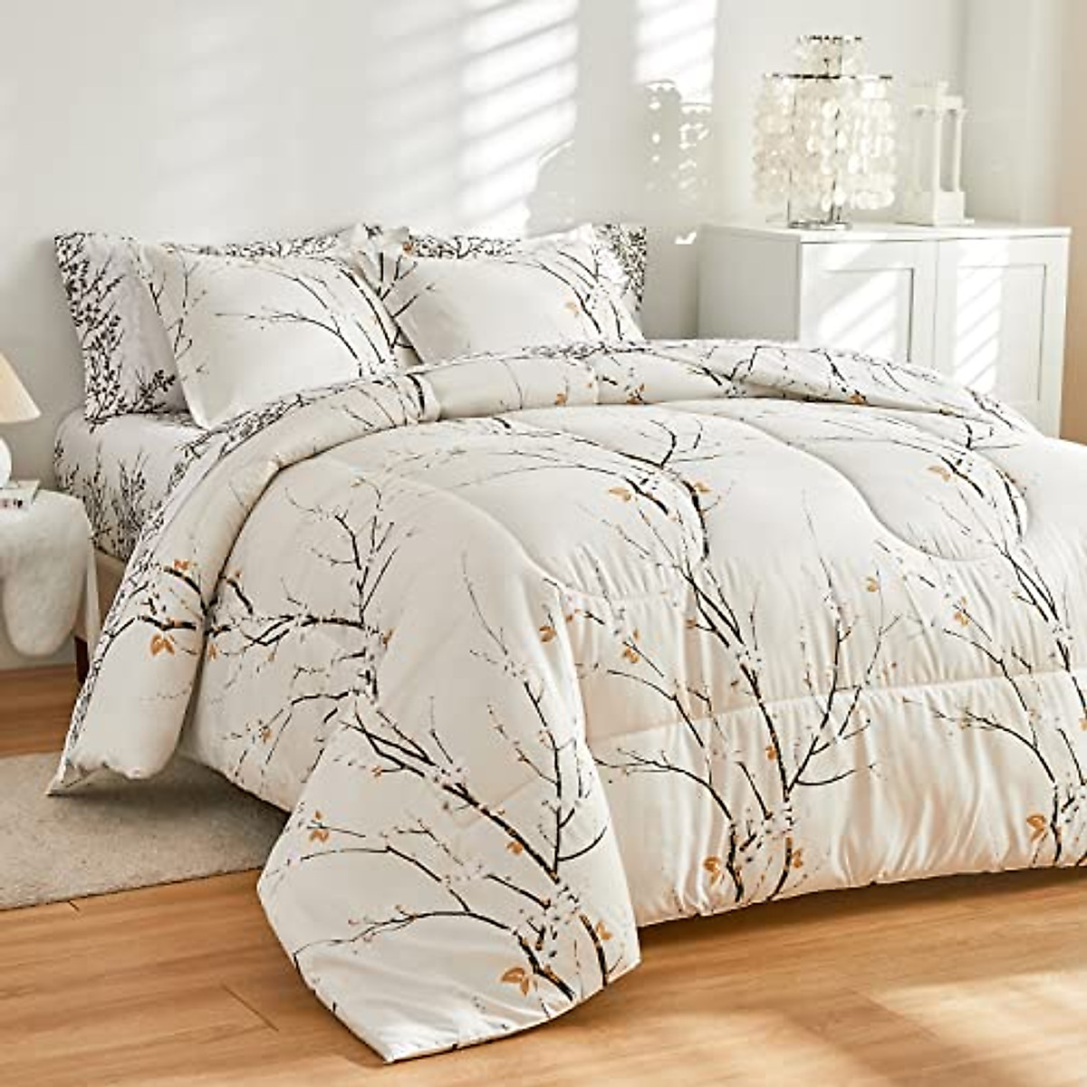 UOZZI BEDDING Cream White Bed in a Bag Twin 6 pc Branch Style All Season Soft Microfiber Reversible Bed Comforter Set (1 Comforter 2 Pillow Shams 1 Flat Sheet 1 Fitted Sheet 1 Pillowcases)
