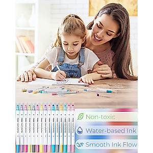Ohuhu Dual Tip Dot Markers: 15 Colors Dot Marker Pens (Fine & Dot) for Kids Adults Water-Based Ink Metallic & Regular Colors Dot Pens for Journaling Scrapbooking DIY Highlighting Drawing Markers