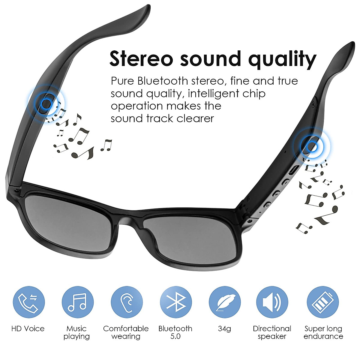 Smart Glasses Wireless Bluetooth Sunglasses Open Ear Music&Hands-Free Calling,for Men&Women,Polarized Lenses,IPX4 Waterproof,Connect Mobile Phones and Tablets (A12Pro-black)