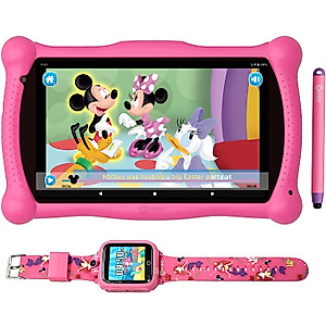 Contixo Kids Tablet, V10 7 Inch Tablet for Kids and Smart Watch Bundle, 2GB 32 GB Toddler Tablet with Bluetooth, with Smart Watch That Touch Screen, Camera, Video and Audio Recording (Pink)
