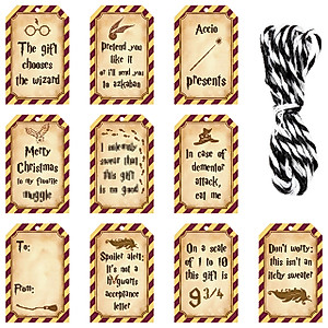 Wood Homing 51PCS Magical Wizard Gift Tags, Vintage Wizard Gift Tags with String, Wizard Paper Hanging Labels for Present Warp, Magical Gift Tags for Party Decor, Wizard Hanging Tags for Tree